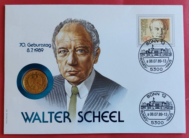 WALTER SCHEEL 70. Geburtstag Numisbrief vom 08.07.1989 mit 1 DM ...