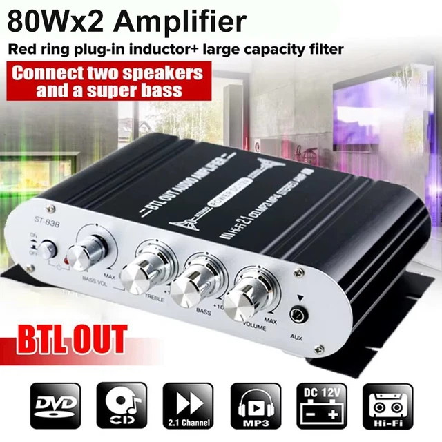 80W 2.1 CHANNEL Bluetooth Mini HIFI Power Amplifier Audio Stereo Amp ...