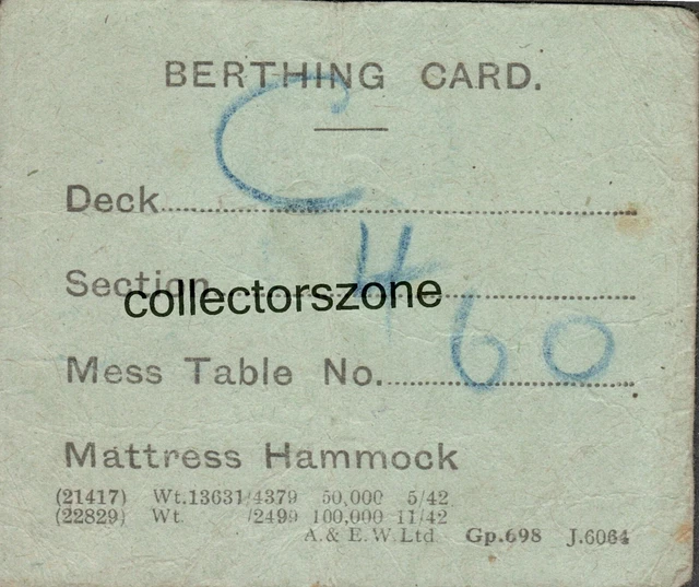 WWII TROOP SHIP Berthing Card Deck C Section 4 Mess table 60 ww2 ...