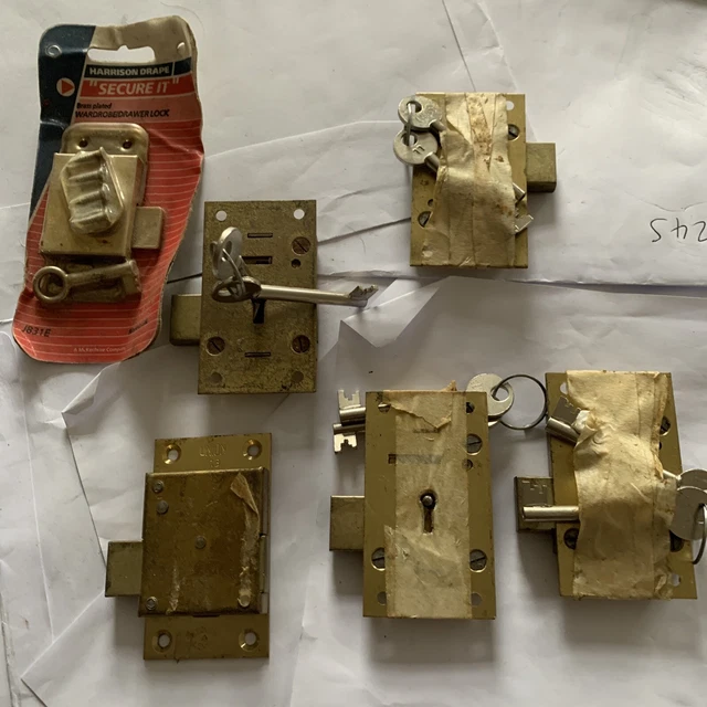 VINTAGE UNION BRASS Secure 4 Lever Cabinet Drawer Locks with 2keys X5 ...