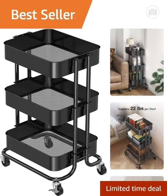 3 TIER METAL Rolling Utility Cart - Heavy-Duty - Lockable Wheels ...