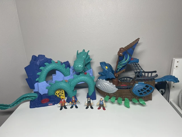 FISHER PRICE IMAGINEXT Sea Serpent Pirate Ship + Sea Dragon Island ...