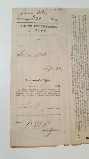 GUERRE CIVILE DOC. Signé Par Lucius Fairchild / Wisconsin Juin 1 1864 ...