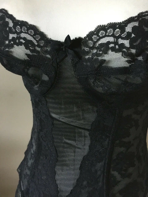 VINTAGE GOSSARD SHEER Black Lace Suspender Basque Guepiere Pinup 34B £ ...