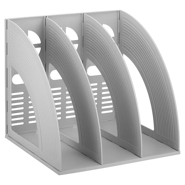 MAGAZINE FILE HOLDER, Plastic Vertical 3 Compartment Storage Rack, Grey ...