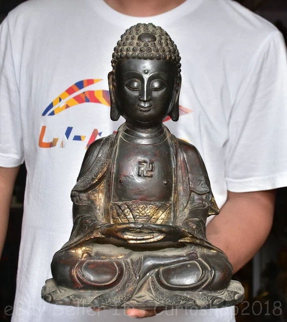 12.8& OLD CHINESE Bronze Buddhism Sakyamuni Tathagata Buddha Statue ...