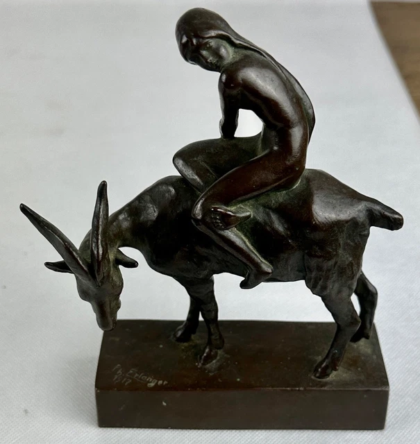 PHILIPP ERLANGER BRONZE Figure Girls On Goat Riding 1917 Brown Swick ...