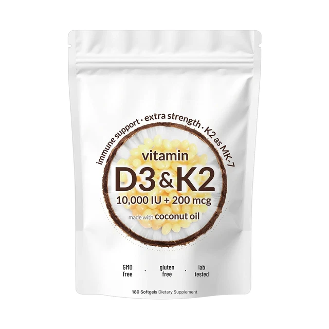 VITAMIN D3 10000 iu Plus K2 (MK-7) 200 mcg, 300 Virgin Coconut Oil Softgels £19.91 - PicClick UK