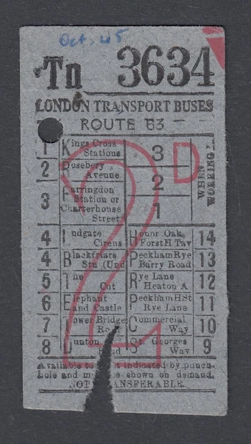 OLD BUS TICKET London Transport Buses 2d Route 63 Kings Cross Station £ ...