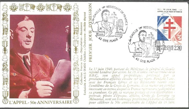 G242+ FDC ENVELOPPE 1er JOUR 50° ANNIVERSAIRE APPEL DU 18 JUIN GENERAL DE GAULLE EUR 4,00 ...