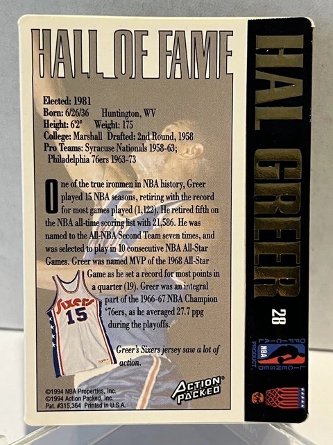 1994-95 HALL OF Fame Hal Greer Philadelphia 76Ers Emballé Action #28 ...