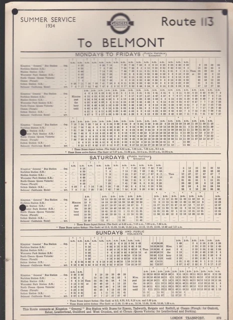 ROUTE 113 LONDON Transport General Panel Bus Timetable Feb 1934 £9.99 ...