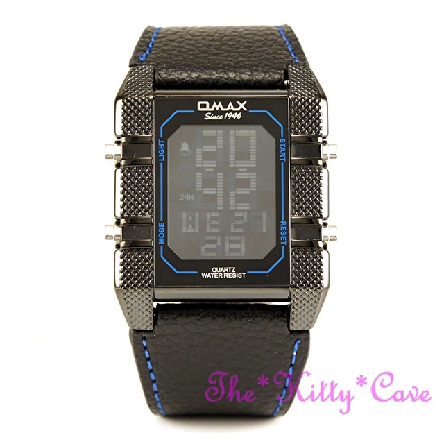 MONTRE DE SPORT numérique cuir LCD OMAX noir bleu acier Seiko numérique ...