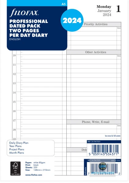 FILOFAX 2024 A5 Diary - Professional Two Pages Per Day Dated Pack ...