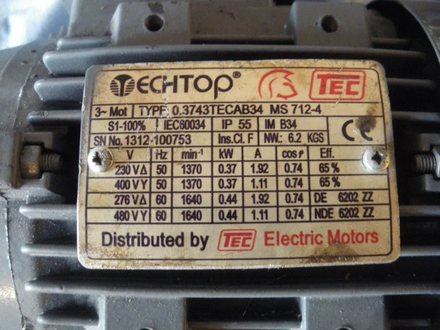 TEC 3 PHASE Electric Motor 0.3743TECAB34 MS 712-4 1370rpm 0.37kW Face ...