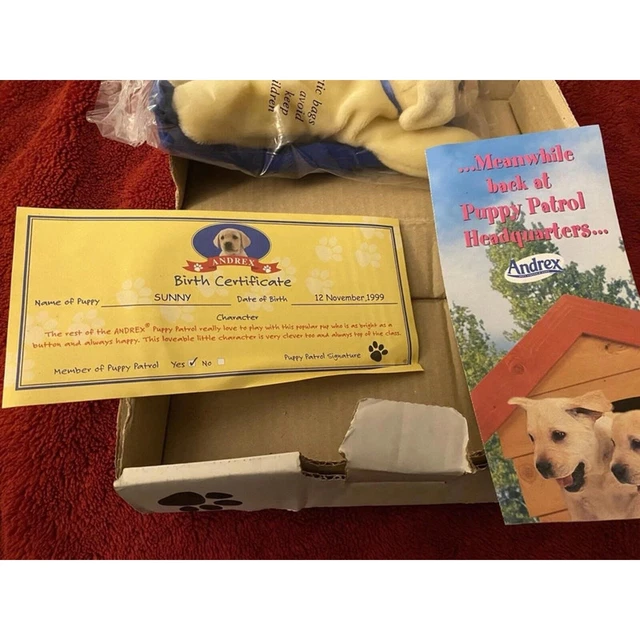 VINTAGE ANDREX PUPPY Dog Plush Soft Toy With Box - Birth Cert. DOB 17/9 ...