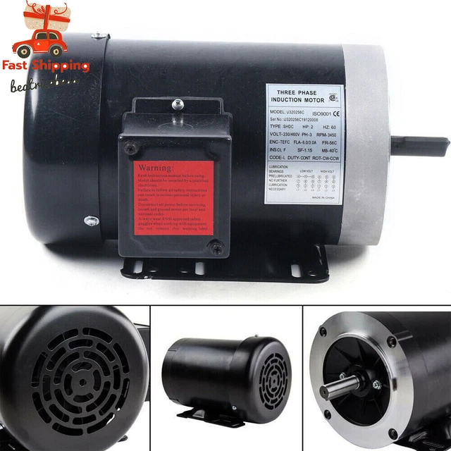 USA 2 HP 3 PH Electric Motor Three Phase 56C Frame 3450 RPM TEFC 208 ...
