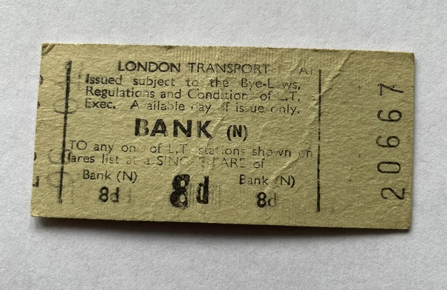 OLD VINTAGE 1950S London Transport Underground Tube Ticket BANK £5.42 ...