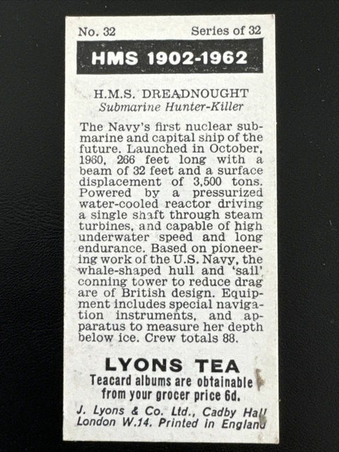 HMS 1902-1962 LYONS Tea Cards Series - Card No. 32 - HMS Dreadnought £0 ...