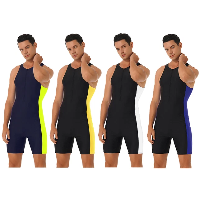 Mens One Piece Swimsuit Short Jumpsuit Unitard Front Zipper Bathing