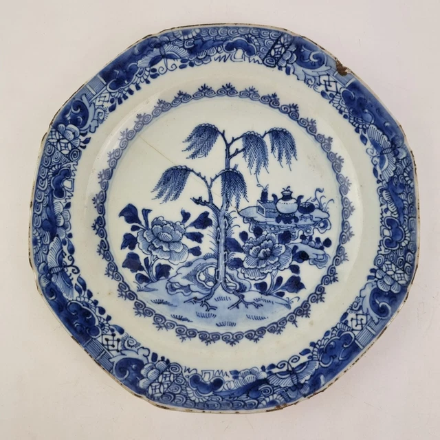 ANTIQUE 18THC CHINESE Blue And White Plate Painted Garden Flowers Tree ...