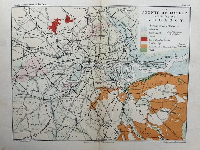 1907 GEOLOGICAL MAP Of London, Original Antique Map by George Philip £ ...