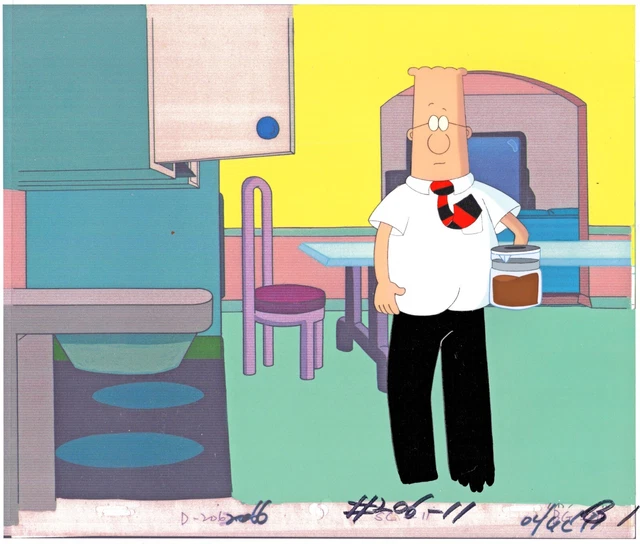 ORIGINAL DILBERT ANIMATION Cel: DILBERT carries "Mr Coffee" pot w ...