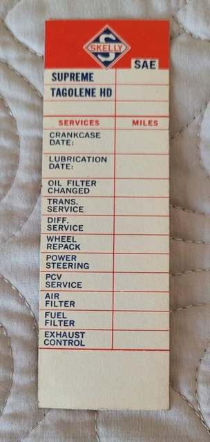 VINTAGE SKELLY SAE Motor Oil Adhesive Oil Change Tag Sticker Unused ...