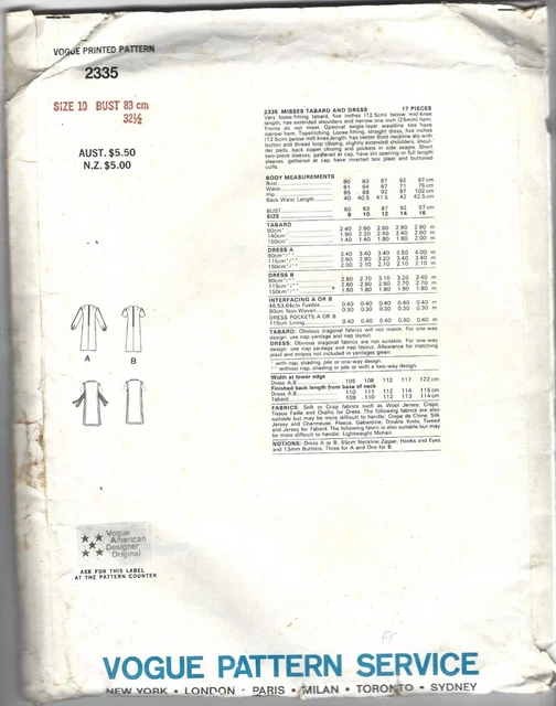 VOGUE SEWING PATTERN 2335, Edith Head Vintage Dress and Tabard, Size 10 ...