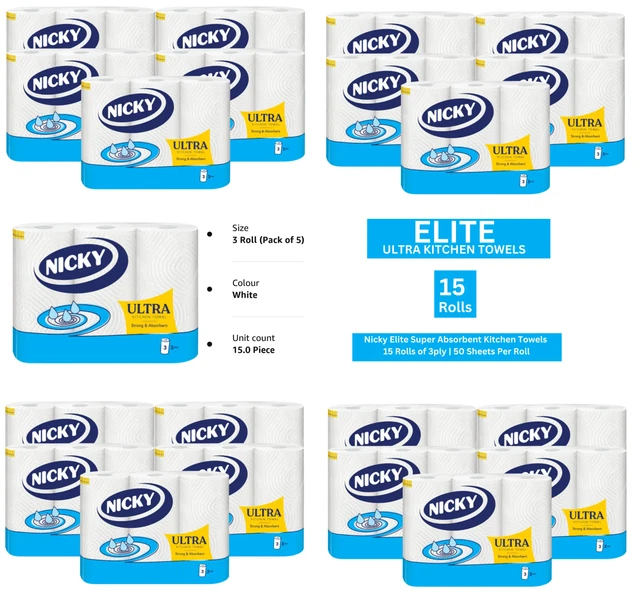 15 NICKY ULTRA Kitchen Rolls White 3 Ply Super Absorbent Decorated (5 x ...