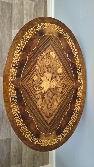 VINTAGE ITALIAN OVAL Inlaid Marquetry Musical Side Table/Sewing Box ...