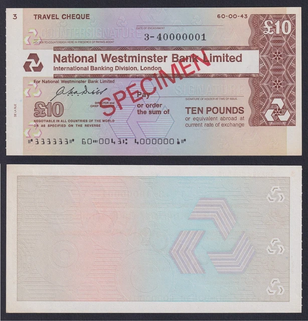 KINGDOM UNITED WESTMINSTER Bank 10 Pounds Travelers Cheque Specimen Fds ...