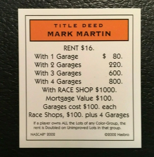 MONOPOLY NASCAR MARK MARTIN Title Deed Card REPLACEMENT PIECE / PART ...