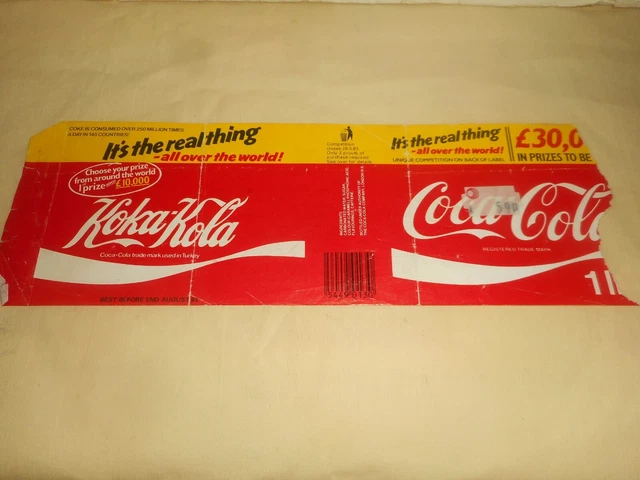 1983 KOKA KOLA COCA COLA 1 Liter Soda Bottle Paper Label UK & TURKEY ...