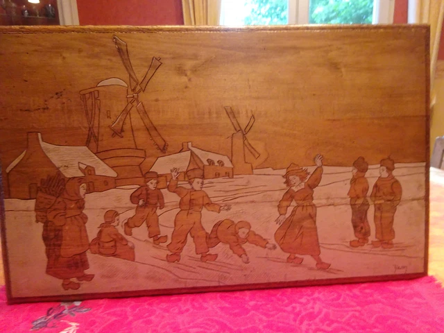 TABLEAU ANCIEN ART nouveau sur bois pyrogravure paysage Hollandais ...