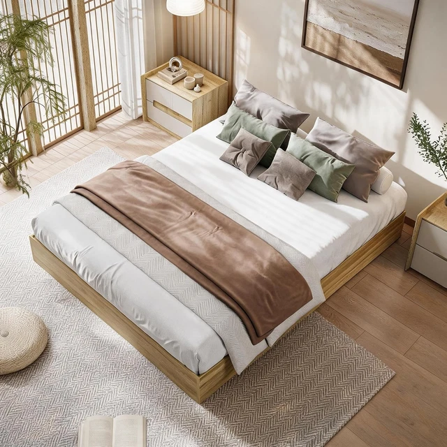 DOUBLE BED FRAME Full Size Wood Platform Wood Slat Support No Box ...