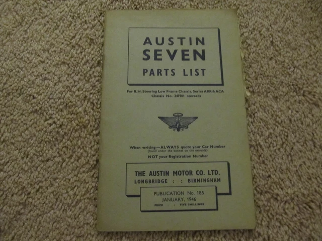 AUSTIN SEVEN 7 original illustrated Spare Parts List 1946 Pub. No. 185 ...