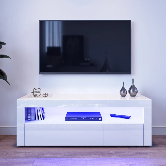 MODERN WHITE TV Unit Cabinet Stand 120cm High Gloss Sideboard with LED ...