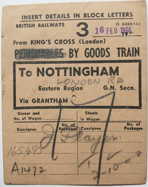 BR BRITISH RAIL Wagon Label London King's Cross - Nottingham 16 ...