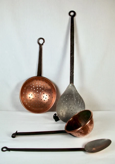 XXE 4 USTENSILES Cuisine Cuillère Louche Passoire Écumoire CUIVRE & FER ...