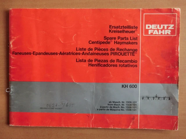 DEUTZ FAHR ERSATZTEILLISTE Kreiselheuer KH 600 Haymakers Ausgabe 1983 ...
