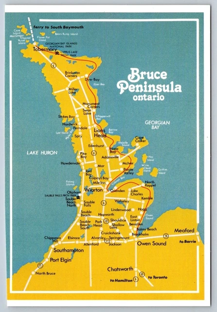 BRUCE PENINSULA MAP Showing Major Routes And Bruce Trail, Ontario ...