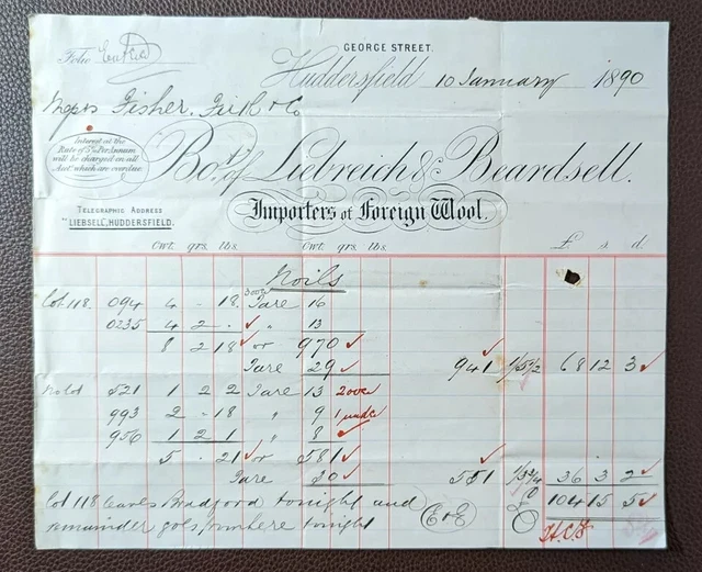 1890 LIEBREICH & Beardsell Invoice, Huddersfield (Foreign Wool) £5.42 ...