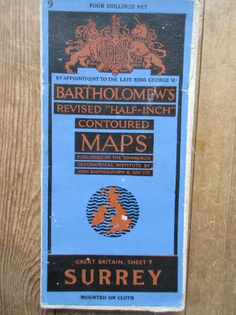 VINTAGE 1930'S BARTHOLOMEWS revised half-inch contoured map Surrey ...