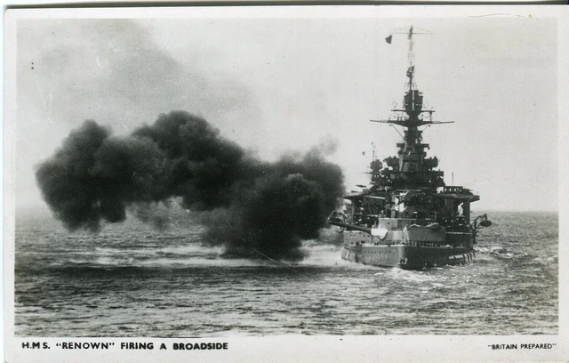 HMS RENOWN WWII Royal Navy battleship firing broadside postcard Britain ...