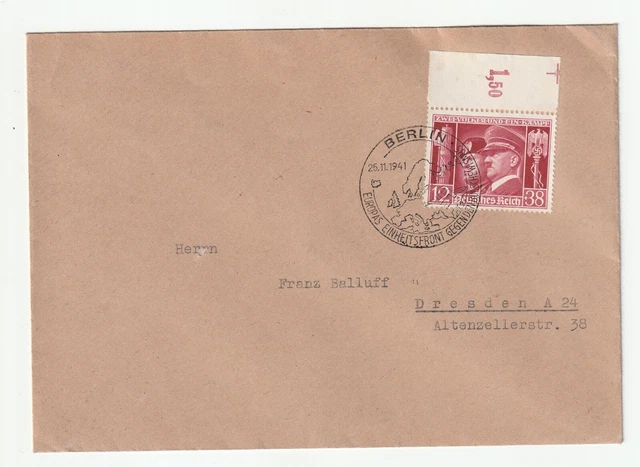 DR GERMANY 12+ 38pf NAZI stamp border sheet cover BERLIN 25/11/1941 to ...