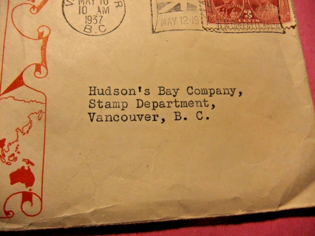 RARE 1937 CANADA FDC - King George VI and HUDSON'S BAY COMPANY Address ...