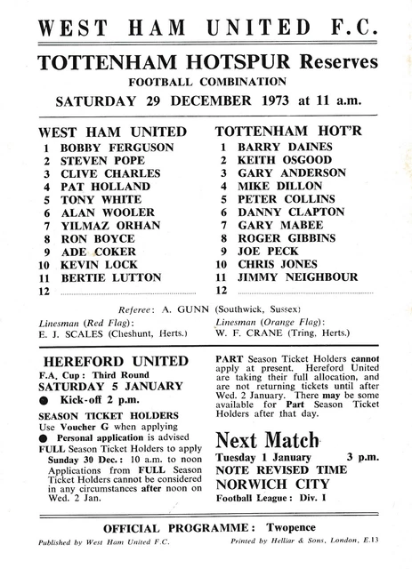 WEST HAM UNITED Reserves v Tottenham (combinazione) 1973/1974 EUR 6,99 ...