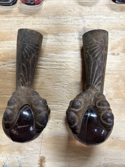 2 VINTAGE ANTIQUE Cast Iron Claw Foot Glass Ball Furniture Feet Stool ...