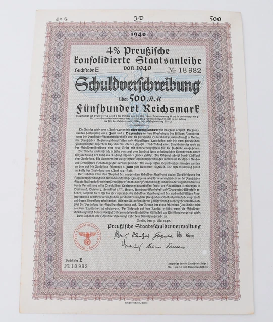 1940 WW2 GERMAN Nazi Reichsmark War Bond - Third Reich Bond 500 ...